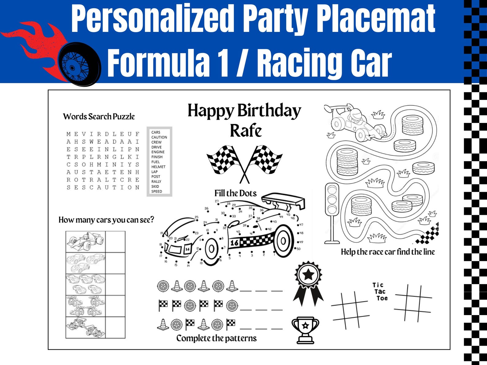 Racing Car Party Placemat | Printable Formula 1 Party Coloring Page ...