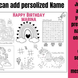 Rainbow Birthday Coloring Place Mat, Printable Unicorn Party Activity ...