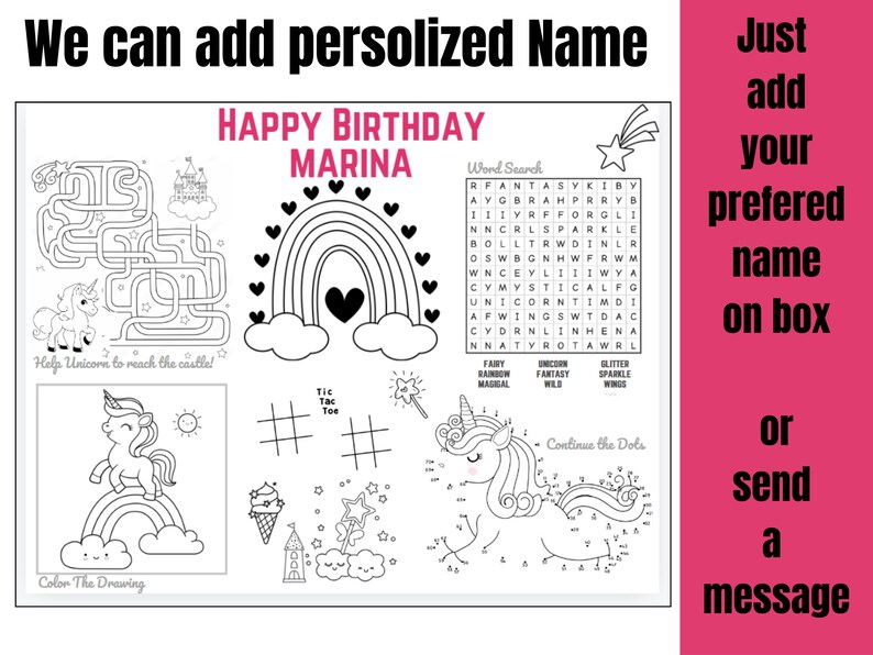 Rainbow Birthday Coloring Place Mat, Printable Unicorn Party Activity ...