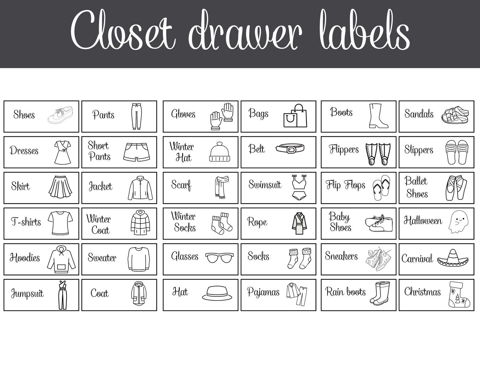 Closet Drawer Lables, Kids Dresser Drawer Labels, Kids Closet Storage ...