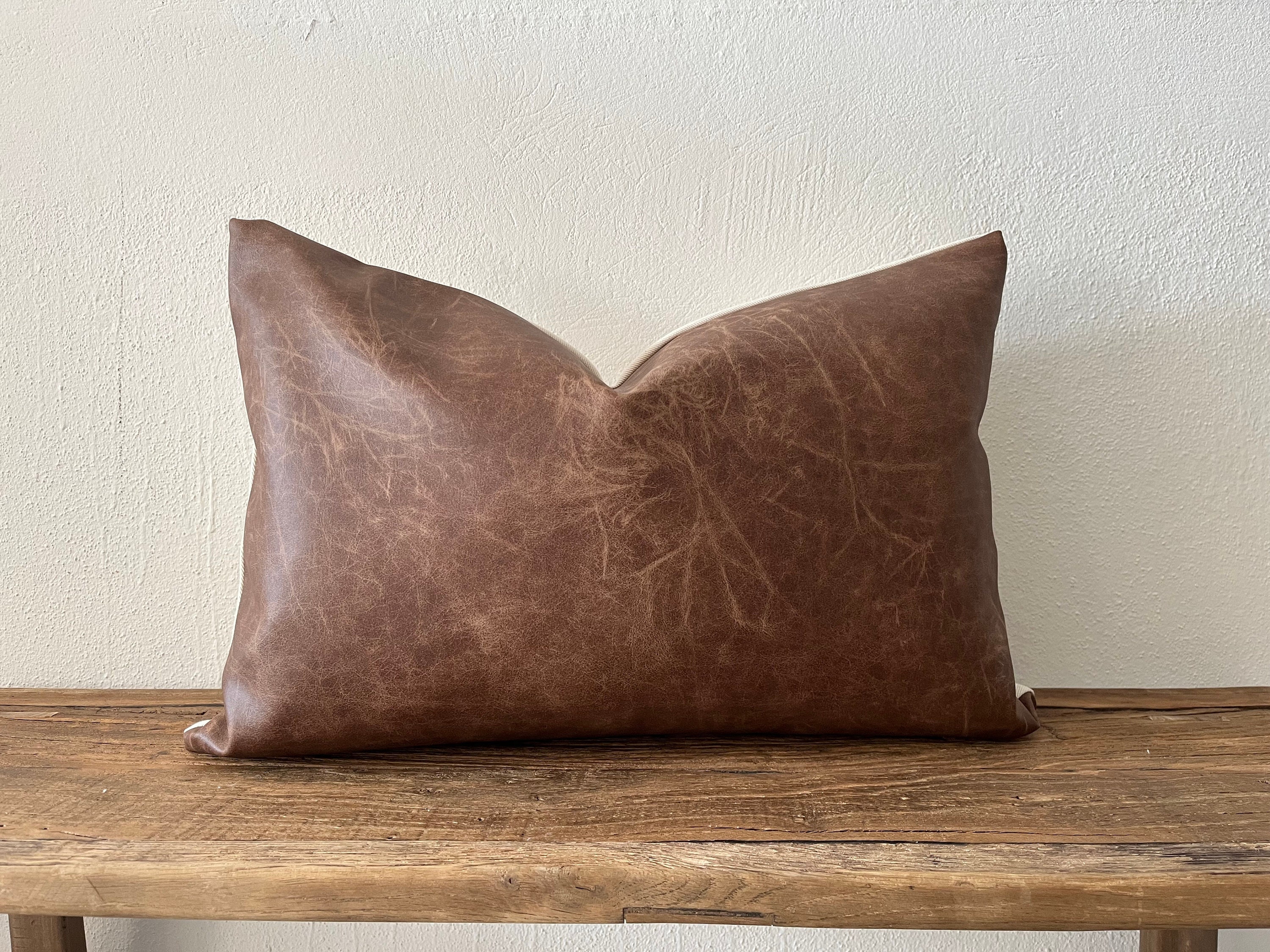 Brown Faux Leather Pillow Cover/ Distressed Leather Pillow/ Cognac ...