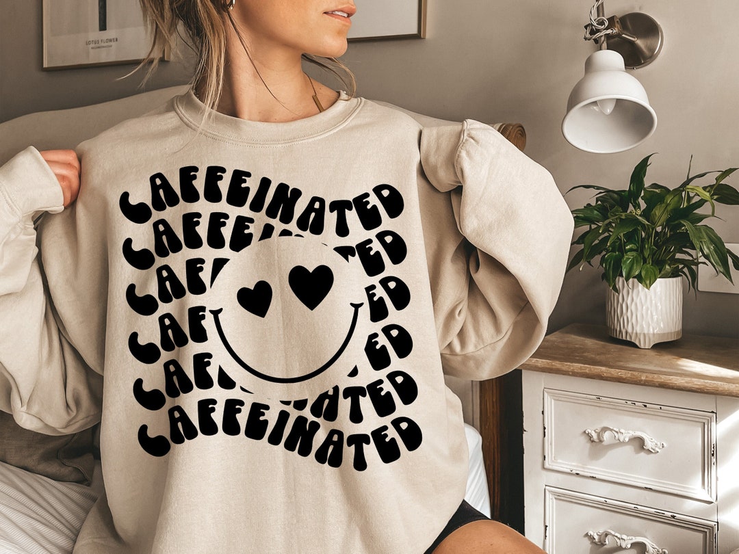 Caffeinated SVG, Coffee Svg, Coffee Sign Svg, Happy Face, Retro Wavy ...