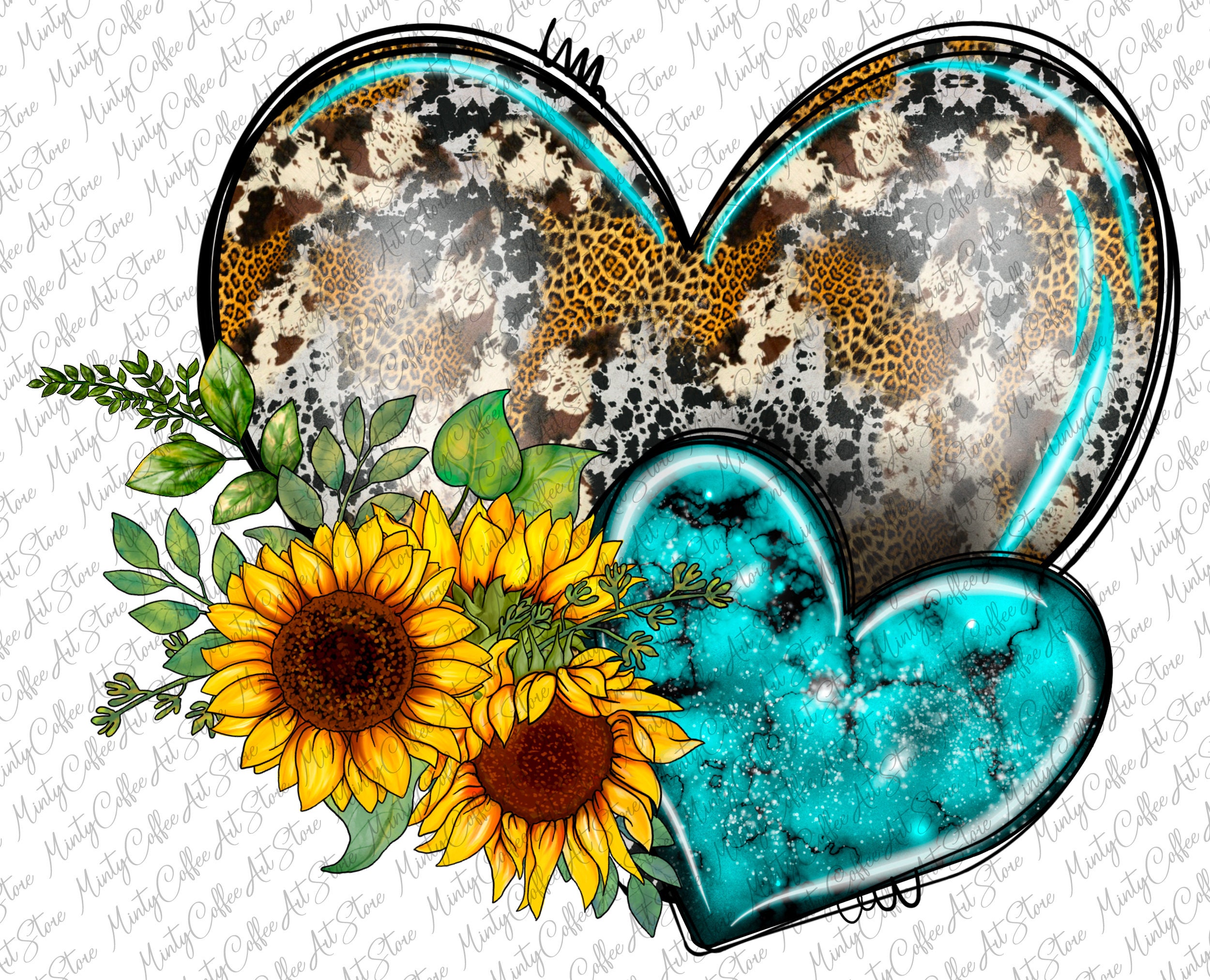 Western Heart Png Sublimation, Leopard Heart With Sunflowers, Cowhide ...
