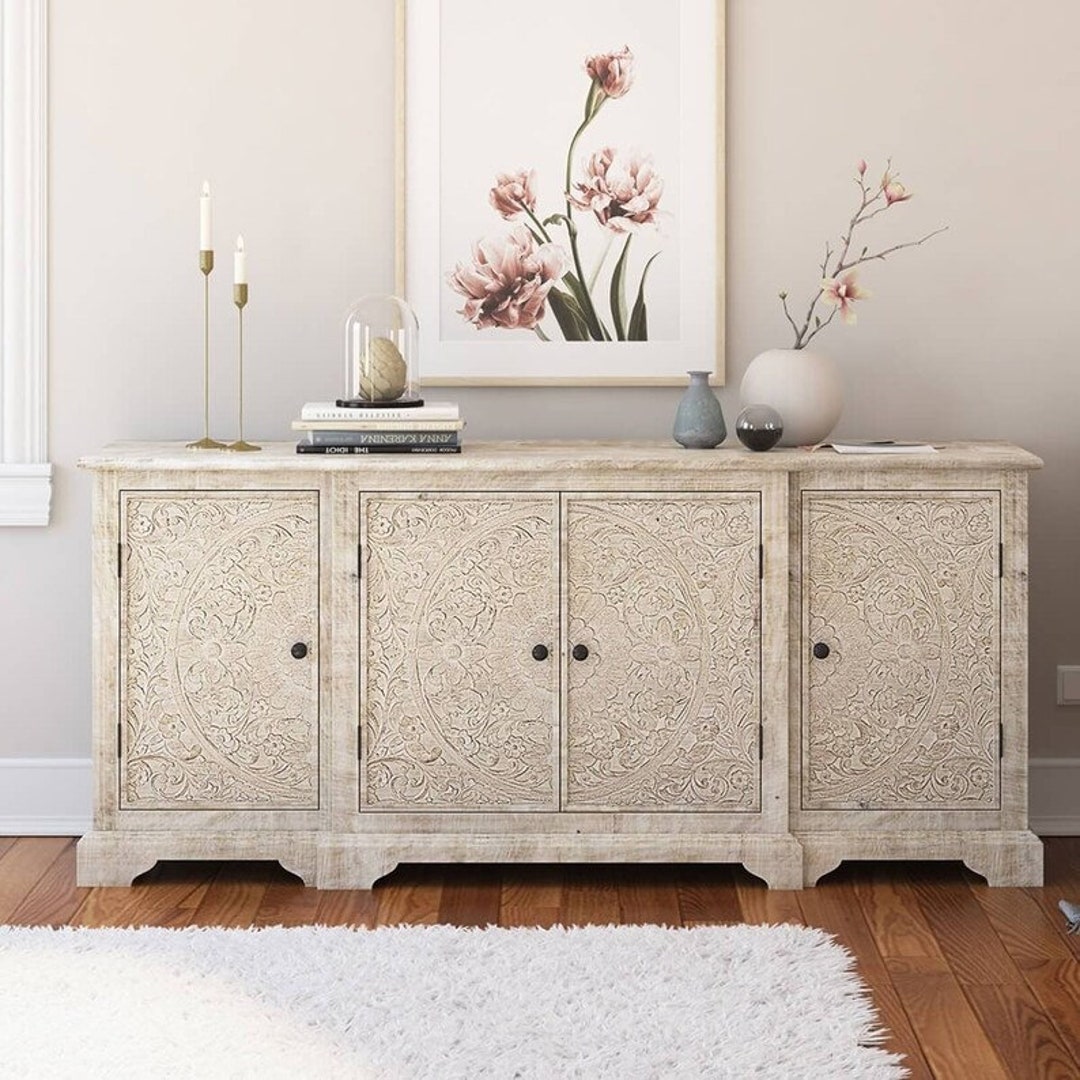 Hand Carved Solid Wood White Buffet Sideboard Carving Buffet Sideboard ...