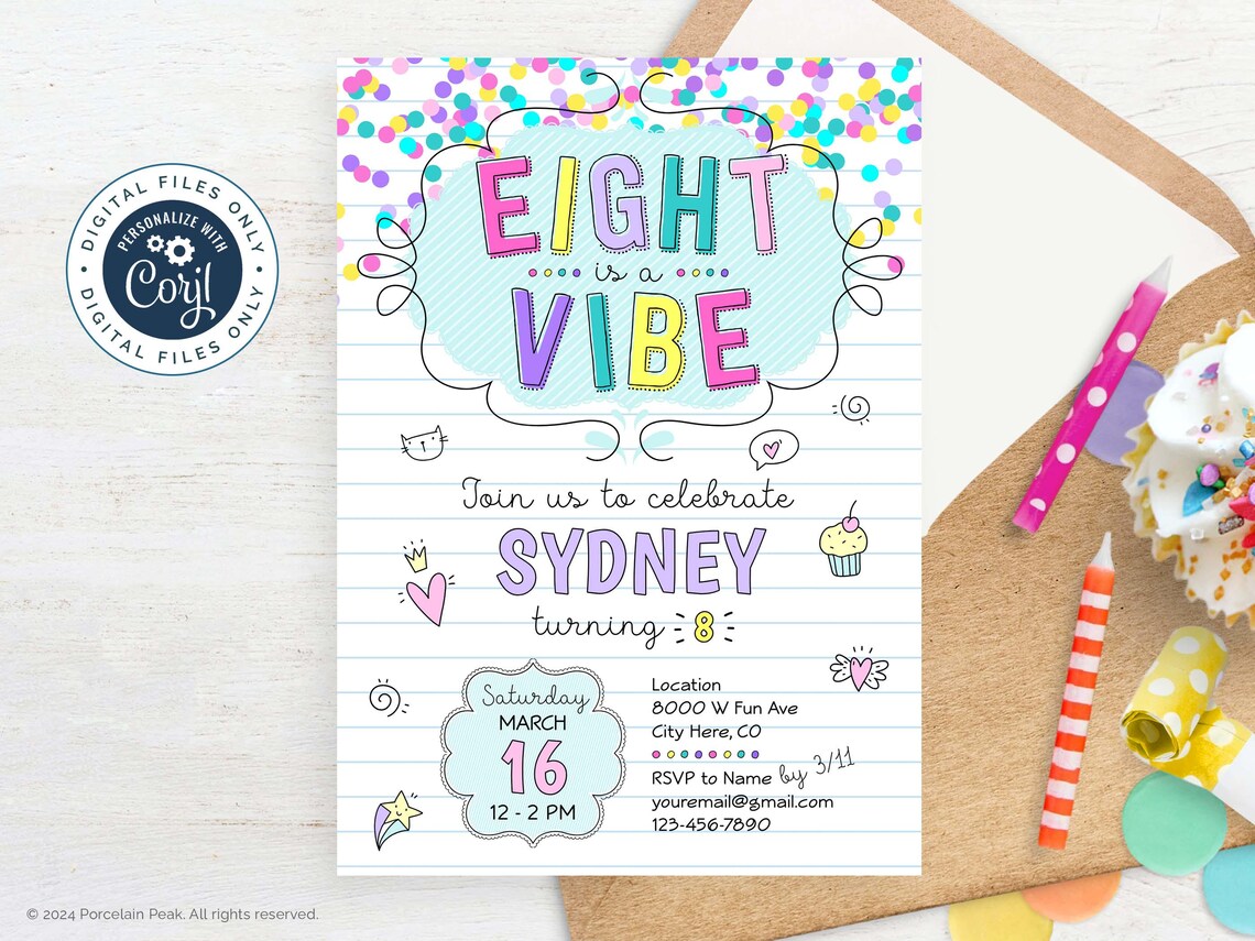 8th Birthday Invitation, Confetti Party Invite, Tween Girl Rainbow ...