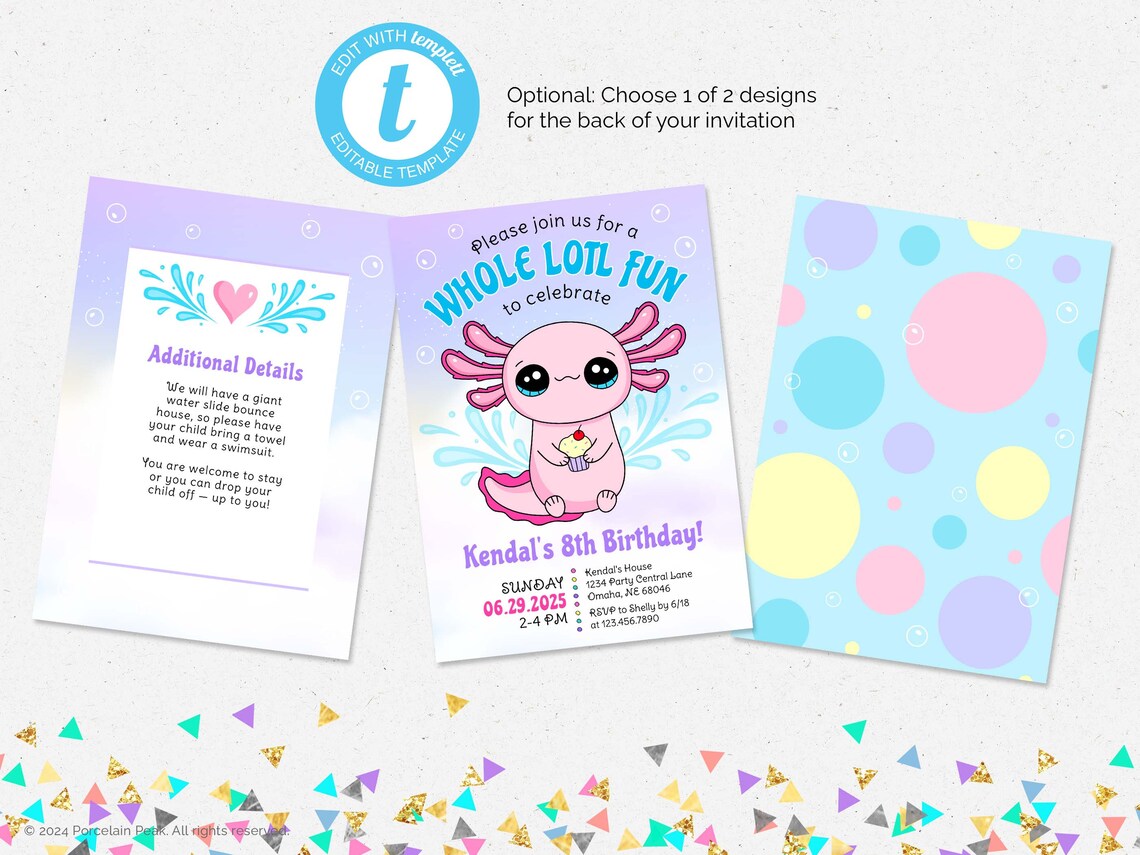 Editable Axolotl Girls Birthday Invitation, Cute Axolotl Party Invite ...