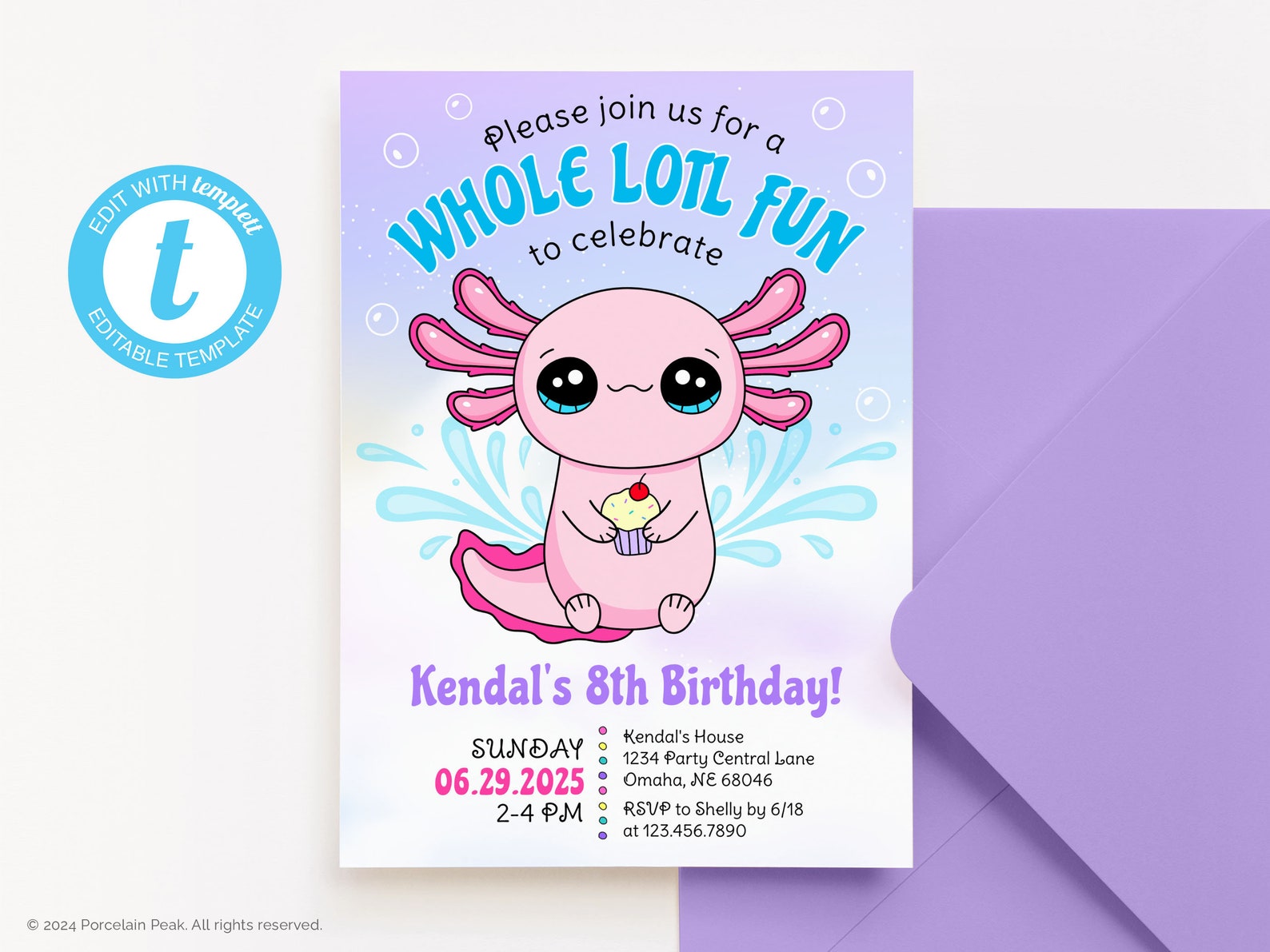 Editable Axolotl Girls Birthday Invitation, Cute Axolotl Party Invite ...