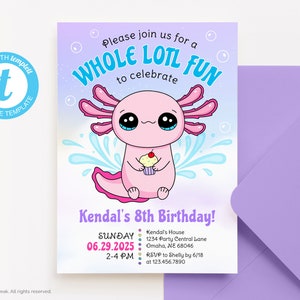 Editable Axolotl Girls Birthday Invitation, Cute Axolotl Party Invite ...