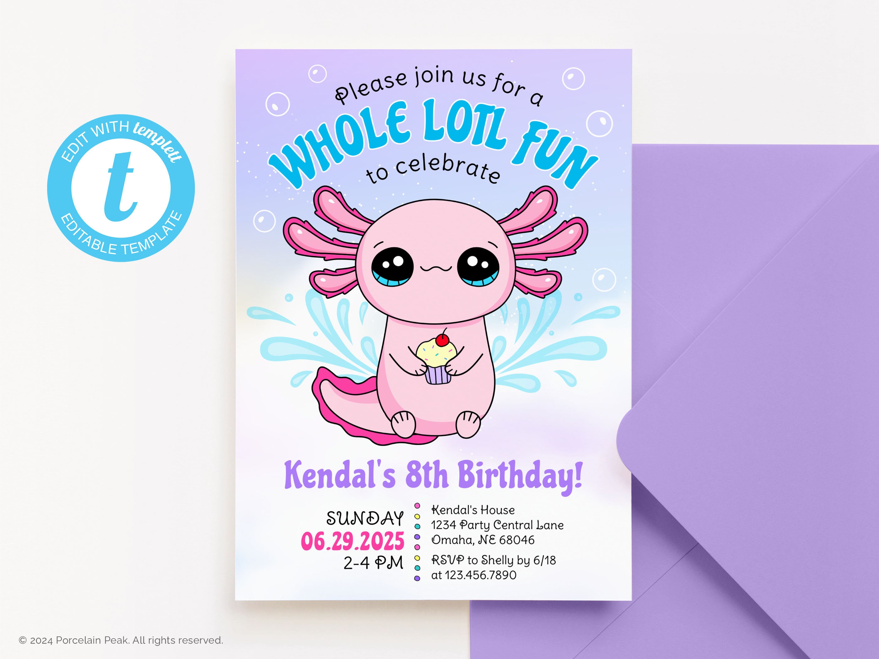 Editable Axolotl Girls Birthday Invitation, Cute Axolotl Party Invite ...