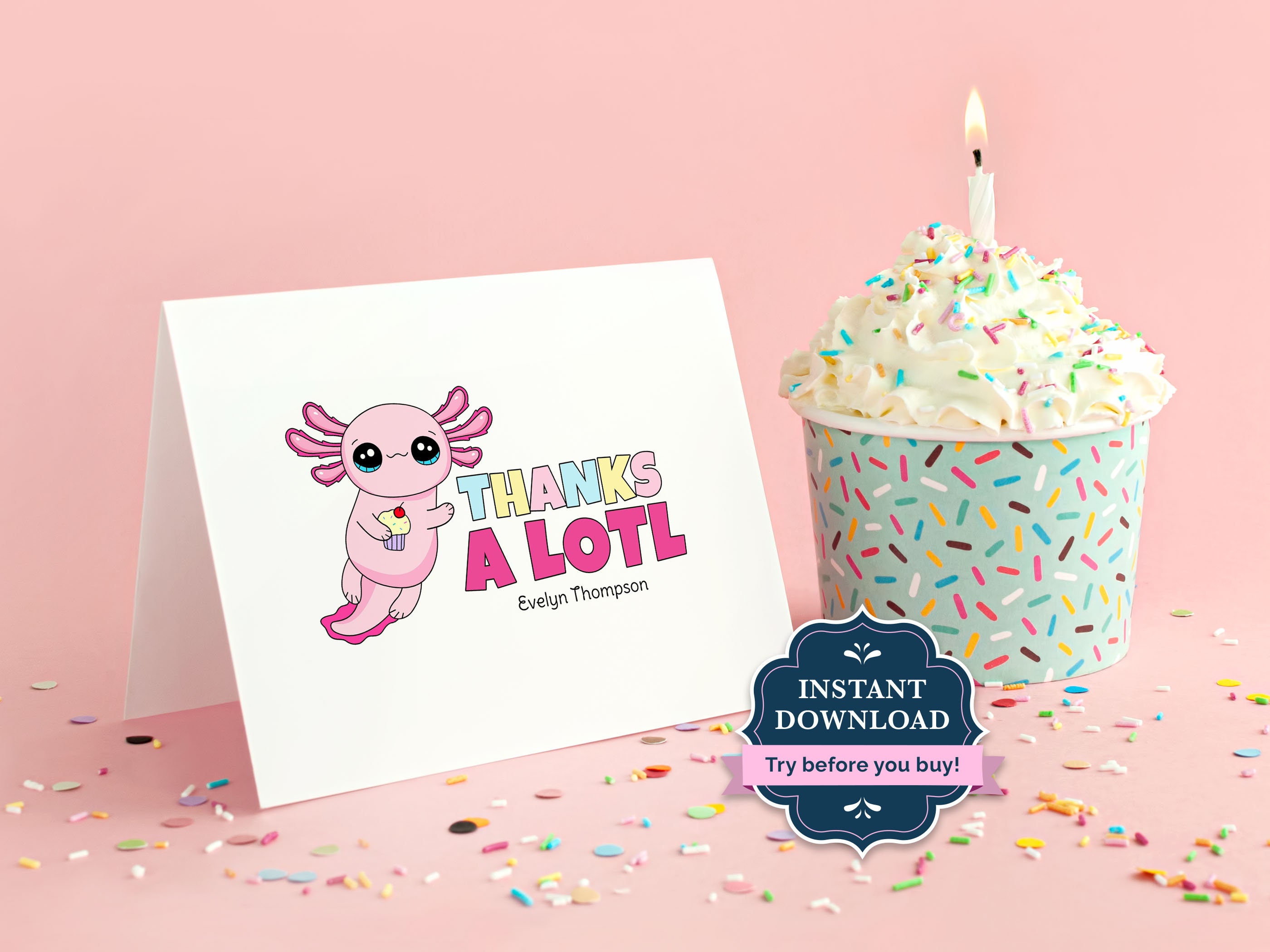 Personalized Axolotl Thank You Card, Girls Axolotl Folded Notecard ...