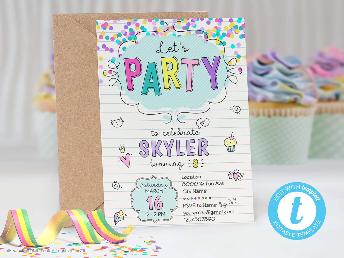 Editable Confetti Birthday Party Invitation, Tween Party Invite ...