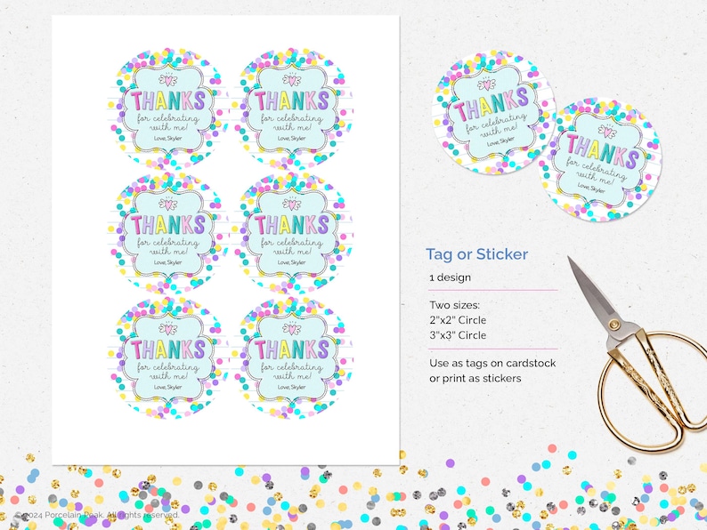 Editable Confetti Birthday Thank You Tag, Tween Party Favor Sticker ...
