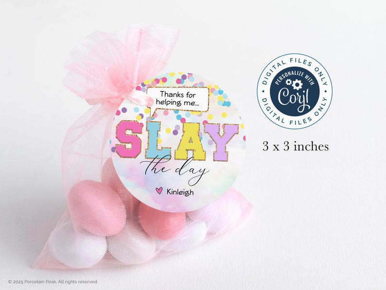 Tween Birthday Thank You Tag, Slay the Day, Varsity Patch Favor Sticker ...