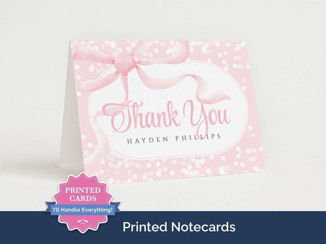 Tween Pink Bow Folded Thank You Card, Personalized Girl Notecard, A2 ...