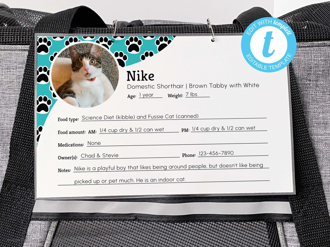 Pet Info Card, Pet Fact Card, Pet ID Card, Cat, Dog, Vet Appointment ...