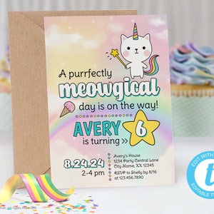 Editable Girls Caticorn Birthday Invitation, Kittycorn Party Invite ...