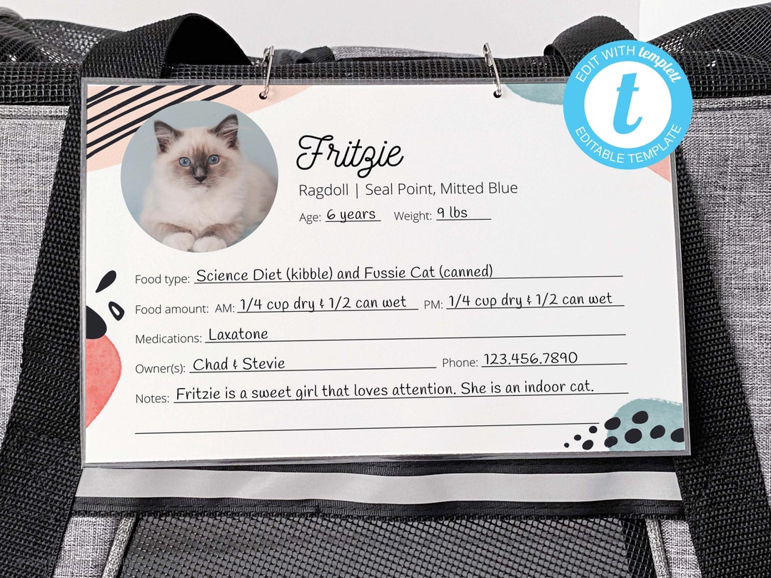 Pet Info Card, Pet Fact Card, Pet ID Card, Cat, Dog, Vet Appointment ...