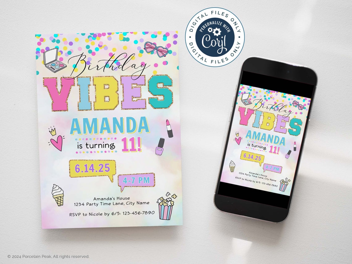 Tween Birthday Invitation, Birthday Vibes Invite, Varsity Patch Text ...