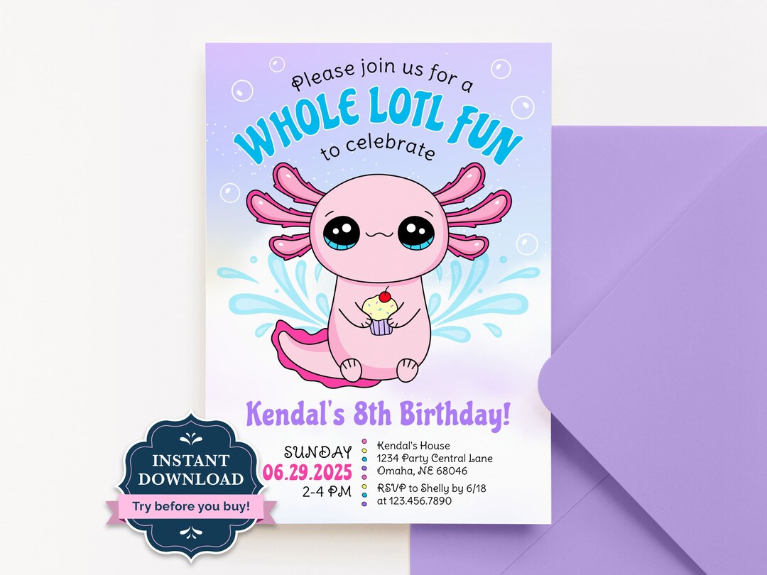 Editable Axolotl Girls Birthday Invitation, Cute Axolotl Party Invite ...