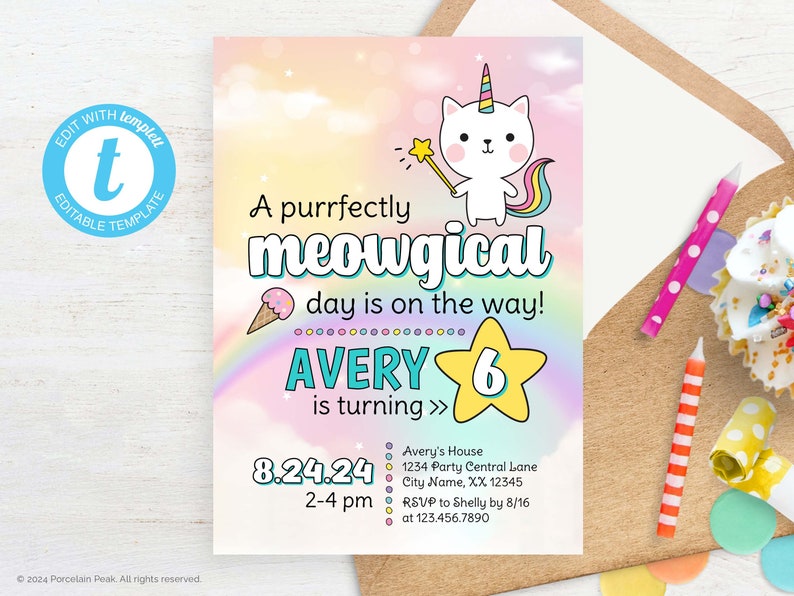 Editable Girls Caticorn Birthday Invitation, Kittycorn Party Invite ...