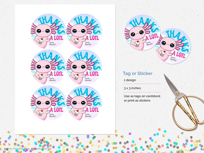 Editable Axolotl Birthday Thank You Tag, Axolotl Favor Sticker, Girls ...