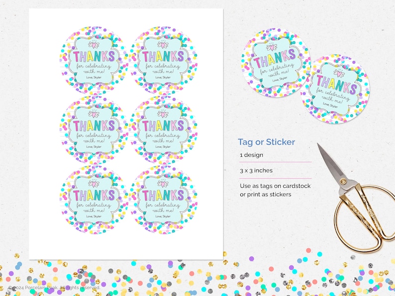 Editable Confetti Birthday Thank You Tag, Tween Party Favor Sticker ...
