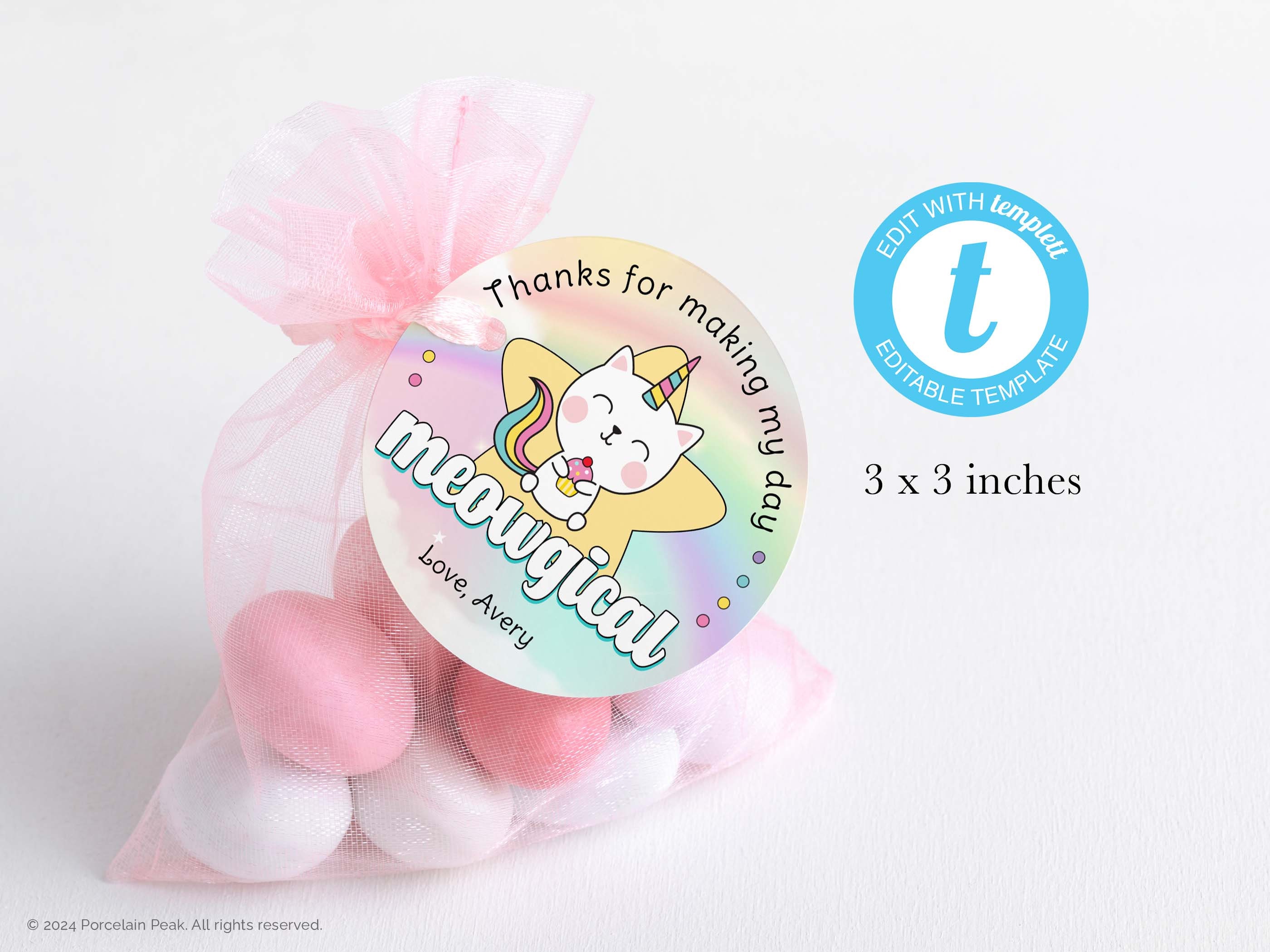 Editable Caticorn Birthday Thank You Tag, Kittycorn Favor Sticker ...