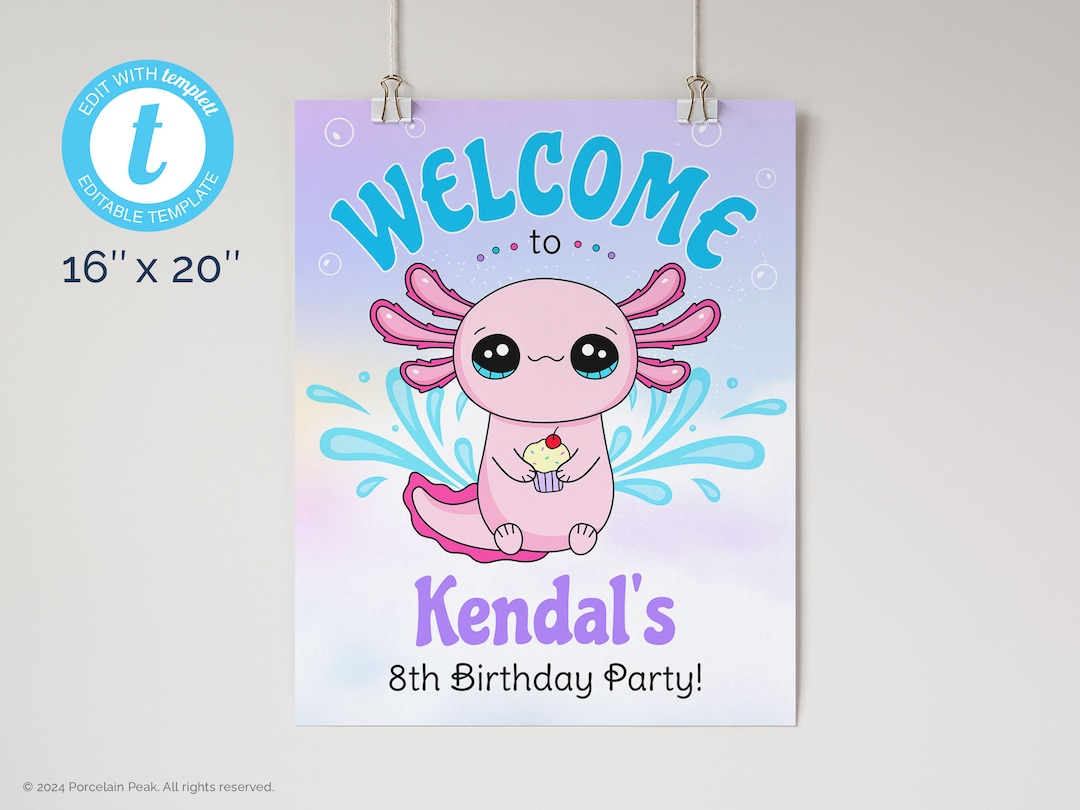 Editable Axolotl Girls Birthday Welcome Sign, Cute Axolotl Party Poster ...
