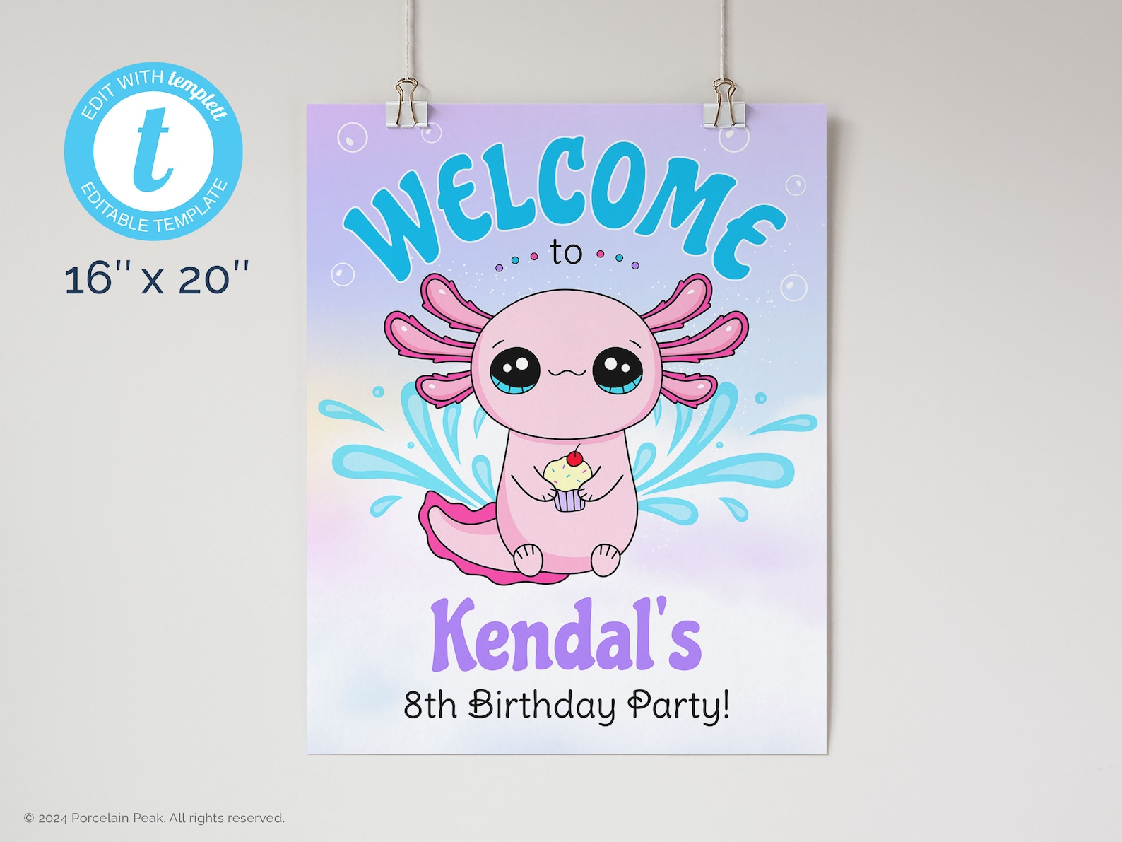Editable Axolotl Girls Birthday Welcome Sign, Cute Axolotl Party Poster ...