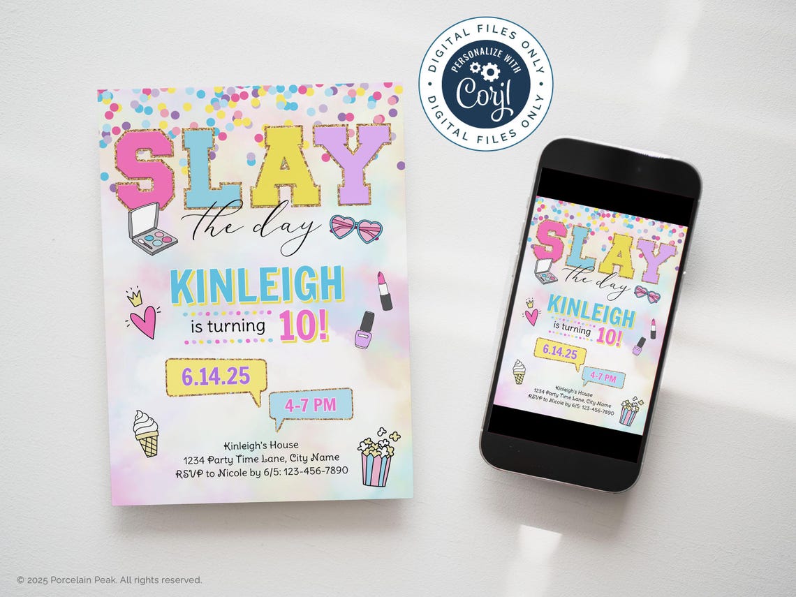 Tween Birthday Invitation, Slay the Day Invite, Varsity Patch Text ...