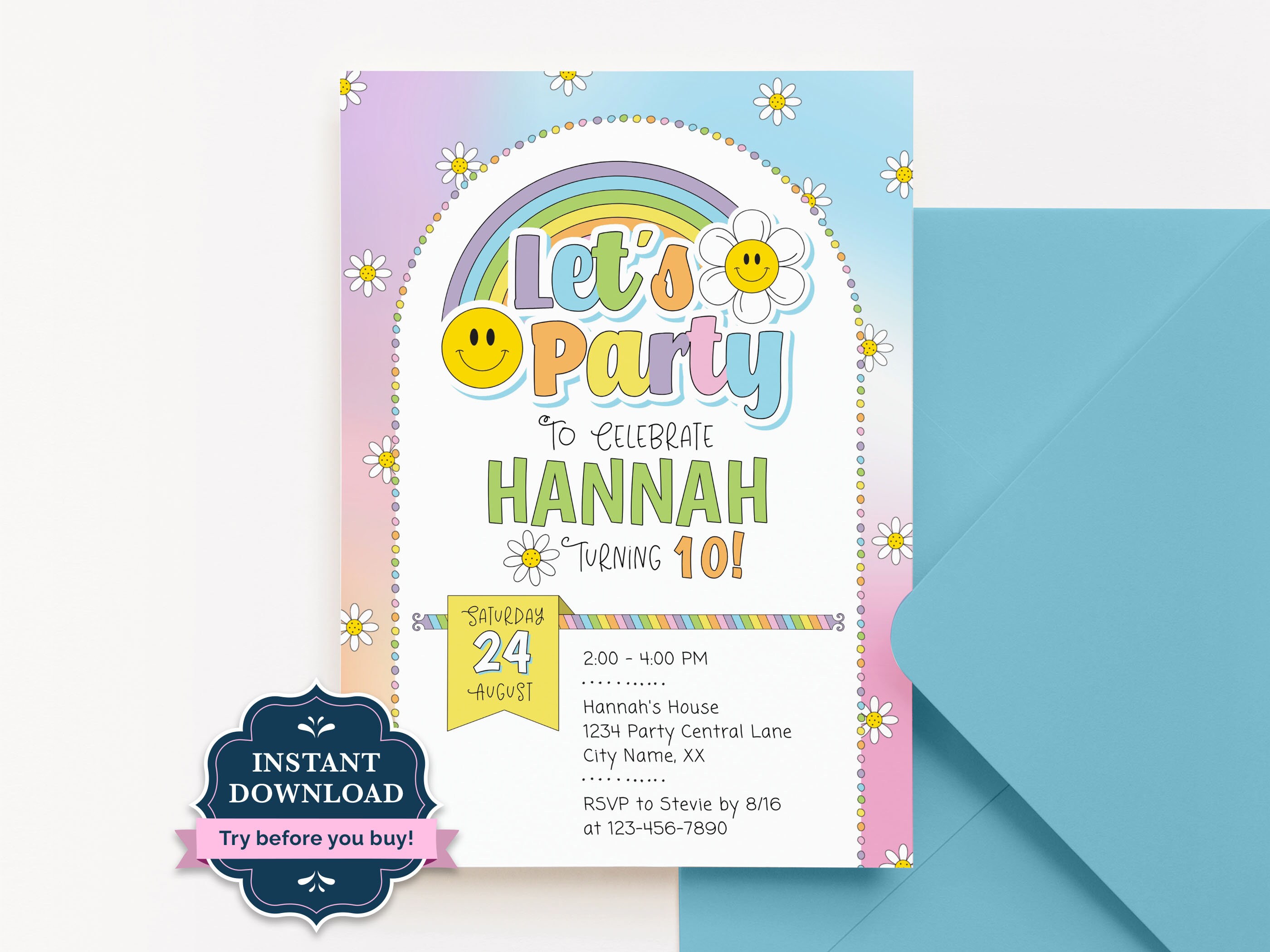 Smiley Face Rainbow Birthday Invitation, Daisy Smiley Face Invite ...