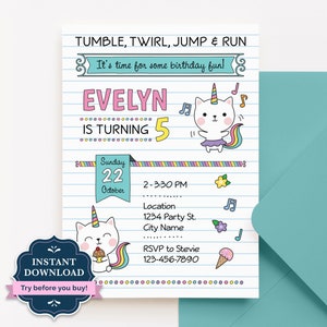 Caticorn Birthday Invitation, Girls Kittycorn Invite, Cat Theme Party ...