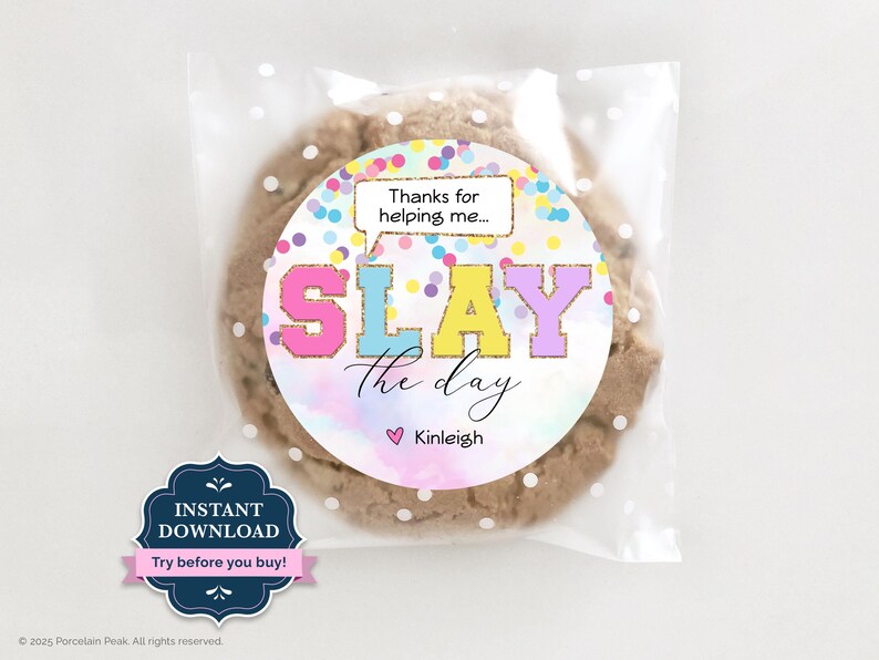 Tween Birthday Thank You Tag, Slay the Day, Varsity Patch Favor Sticker ...