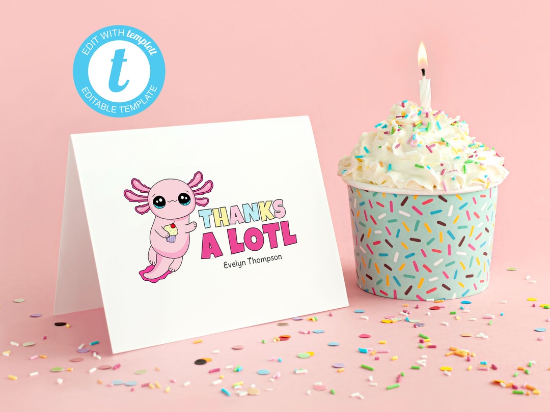 Personalized Axolotl Thank You Card, Girls Axolotl Folded Notecard ...