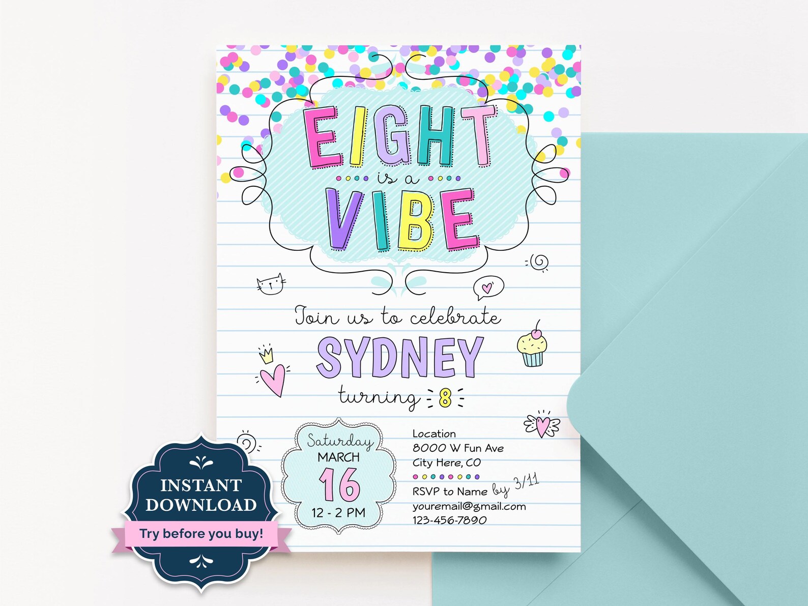 8th Birthday Invitation, Confetti Party Invite, Tween Girl Rainbow ...
