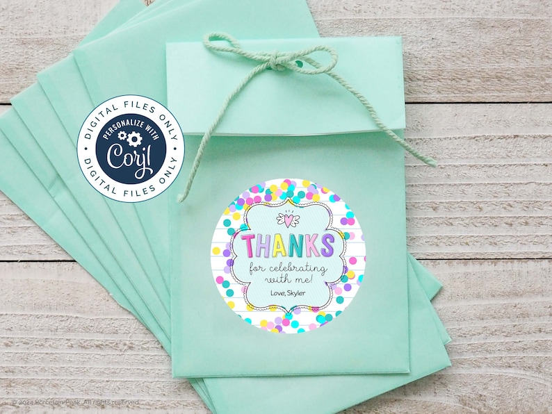 Editable Confetti Birthday Thank You Tag, Tween Party Favor Sticker ...