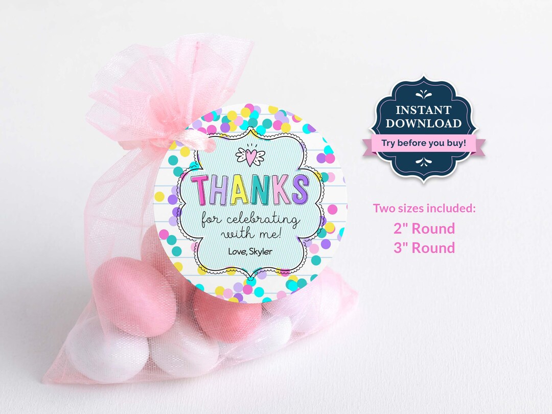 Editable Confetti Birthday Thank You Tag, Tween Party Favor Sticker ...