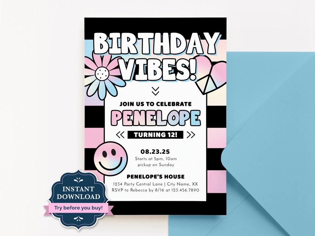 Tween Preppy Birthday Invitation, Girl Birthday Vibes Invite, Smiley ...