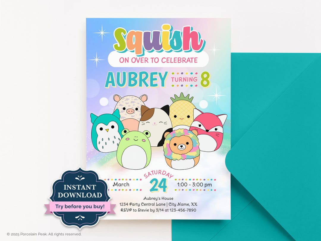 Squishmallow Birthday Invitation, Girls Squish Party Invite ...