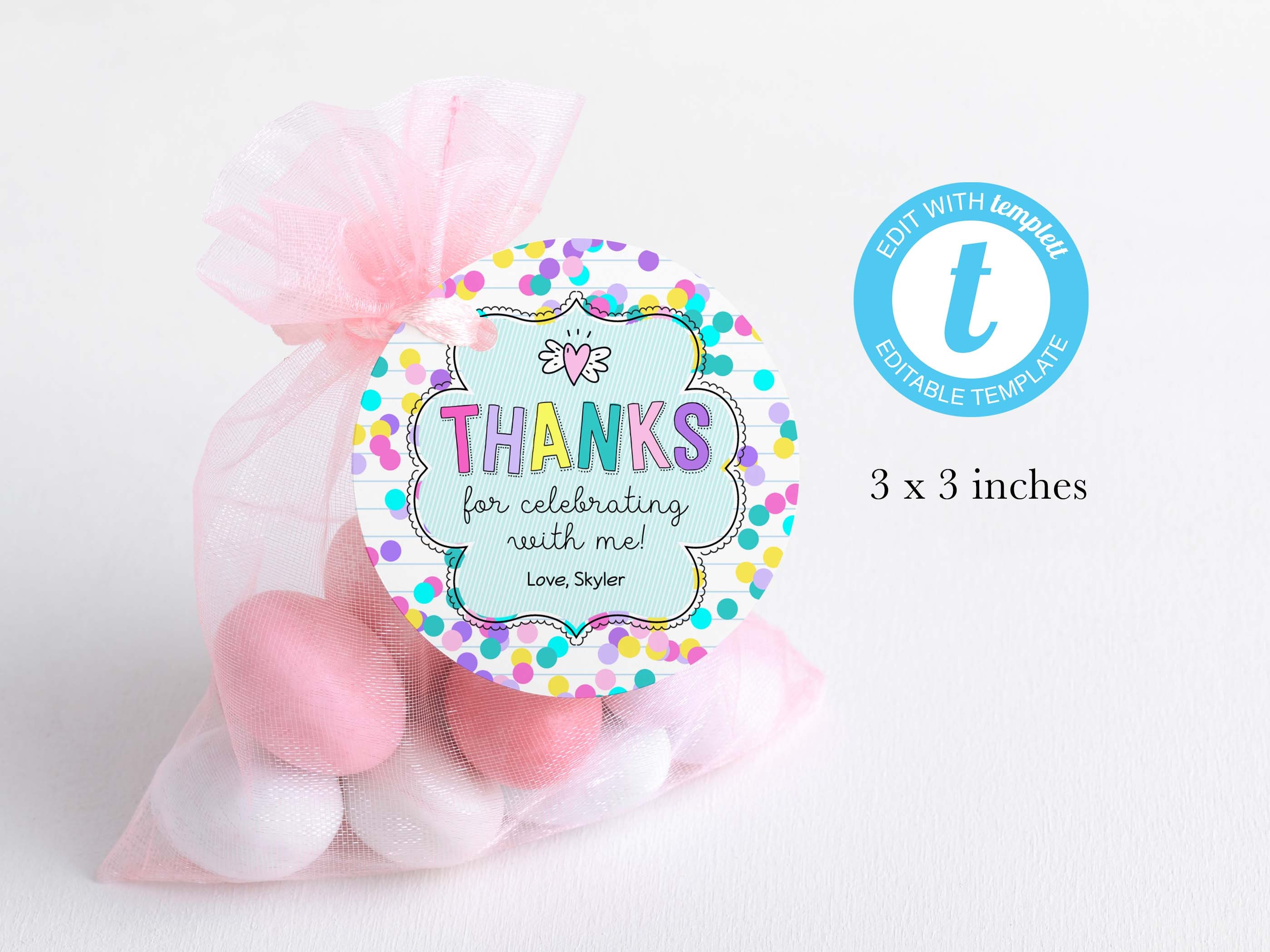 Editable Confetti Birthday Thank You Tag, Tween Party Favor Sticker ...