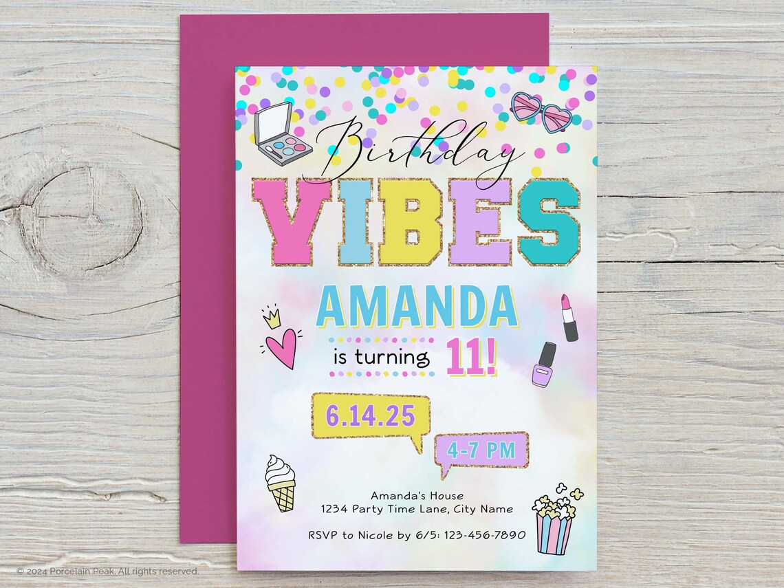 Tween Birthday Invitation, Birthday Vibes Invite, Varsity Patch Text ...