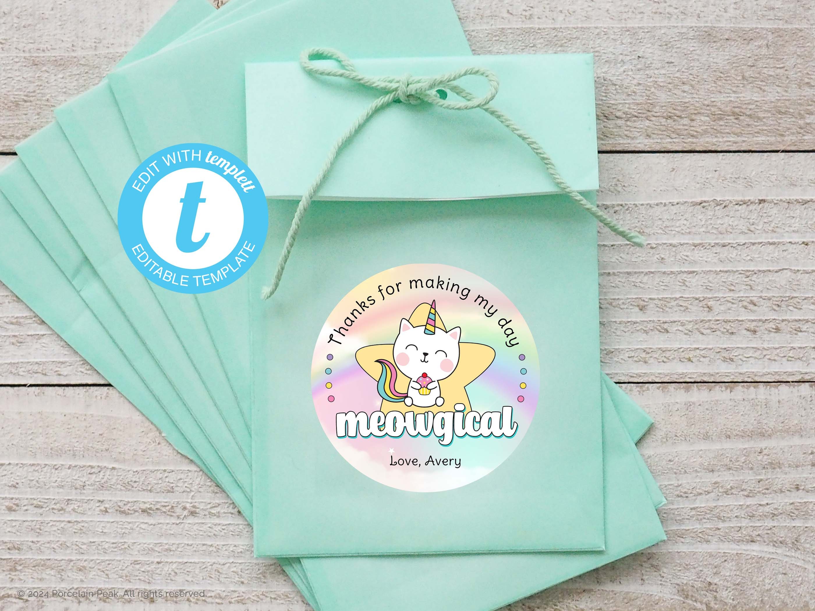 Editable Caticorn Birthday Thank You Tag, Kittycorn Favor Sticker ...