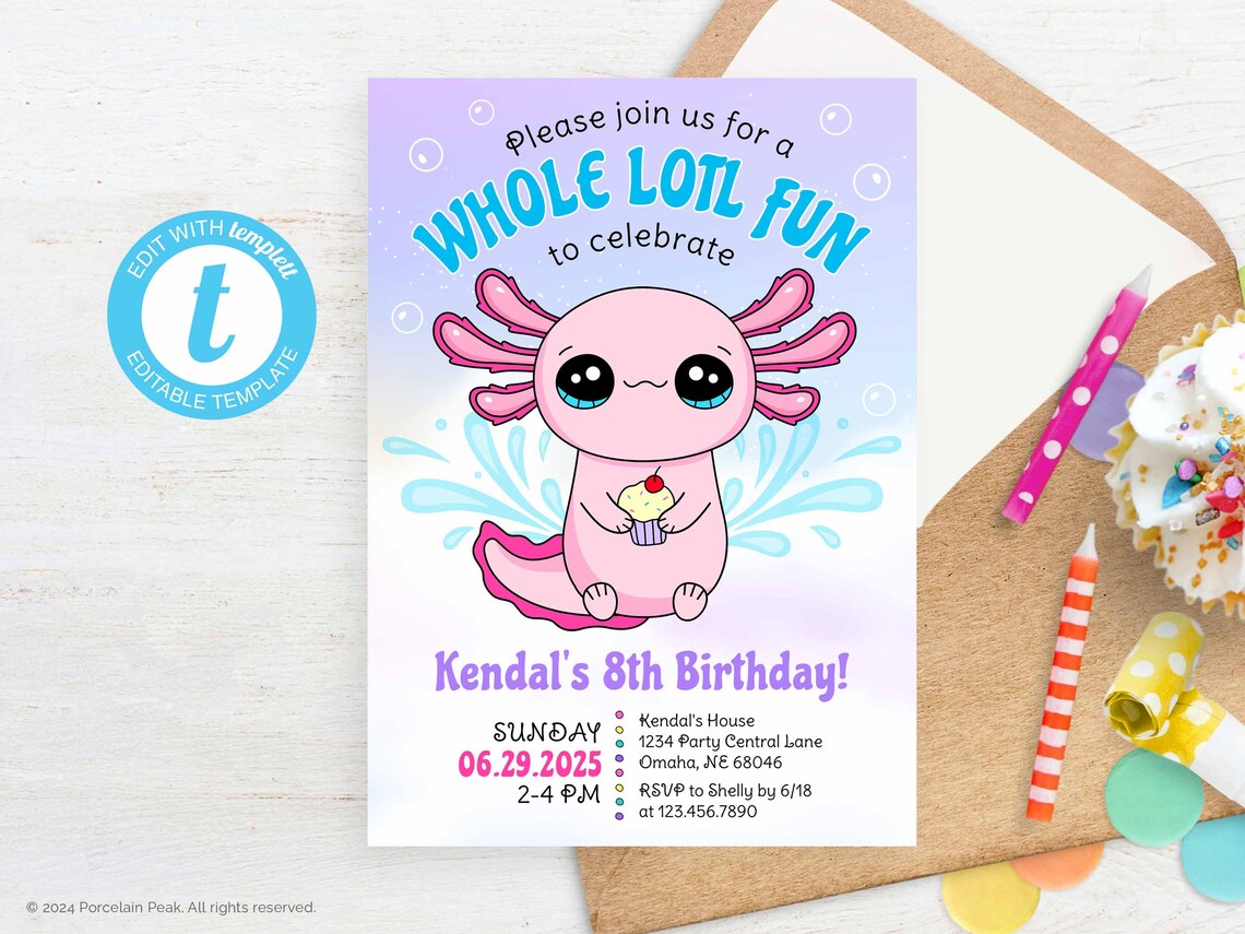 Editable Axolotl Girls Birthday Invitation, Cute Axolotl Party Invite ...