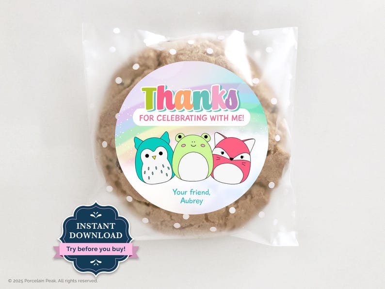 Editable Squishmallow Birthday Thank You Tag, Girl Squishmallow Favor ...