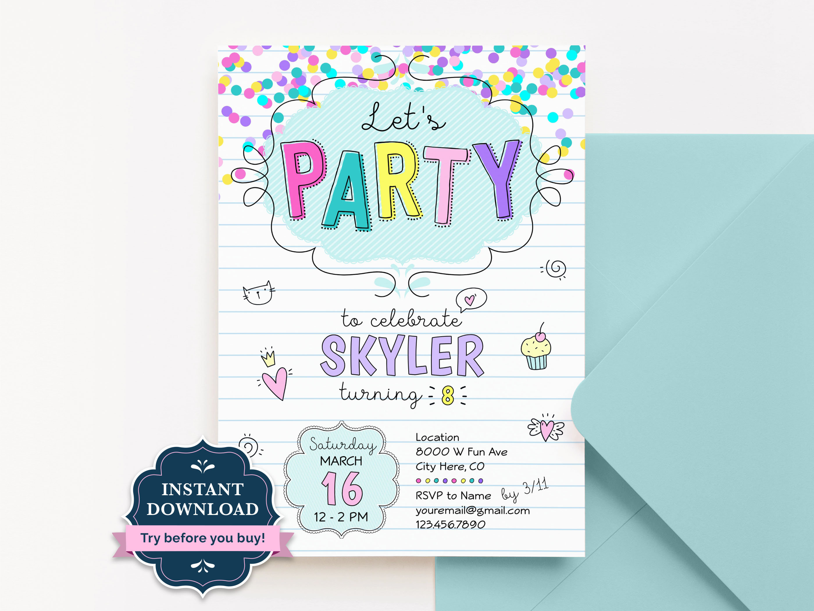 Editable Confetti Birthday Party Invitation, Tween Girl Party Invite ...