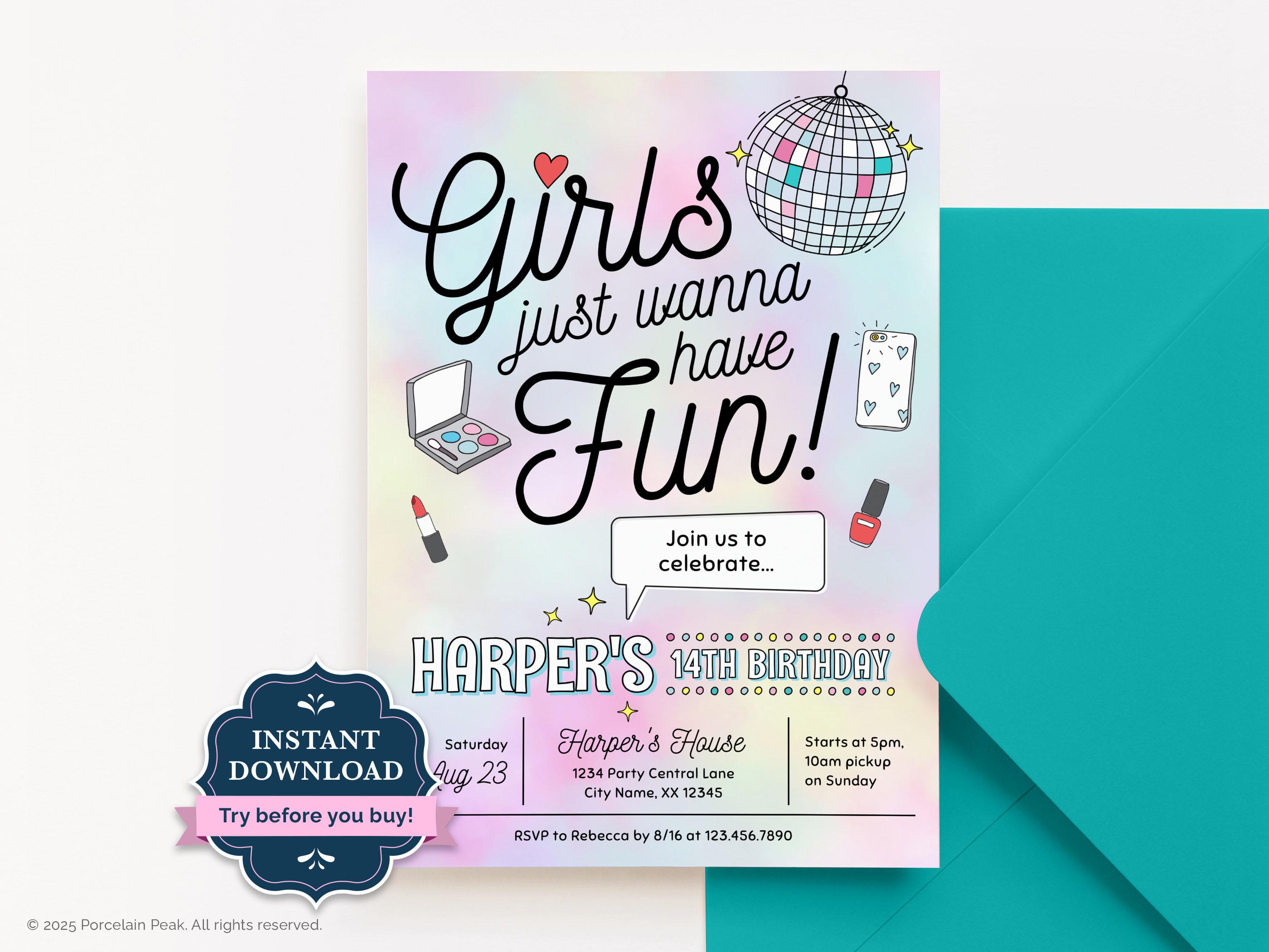 Teen Birthday Party Invitation, Tween Party Invite, Girls Just Wanna ...