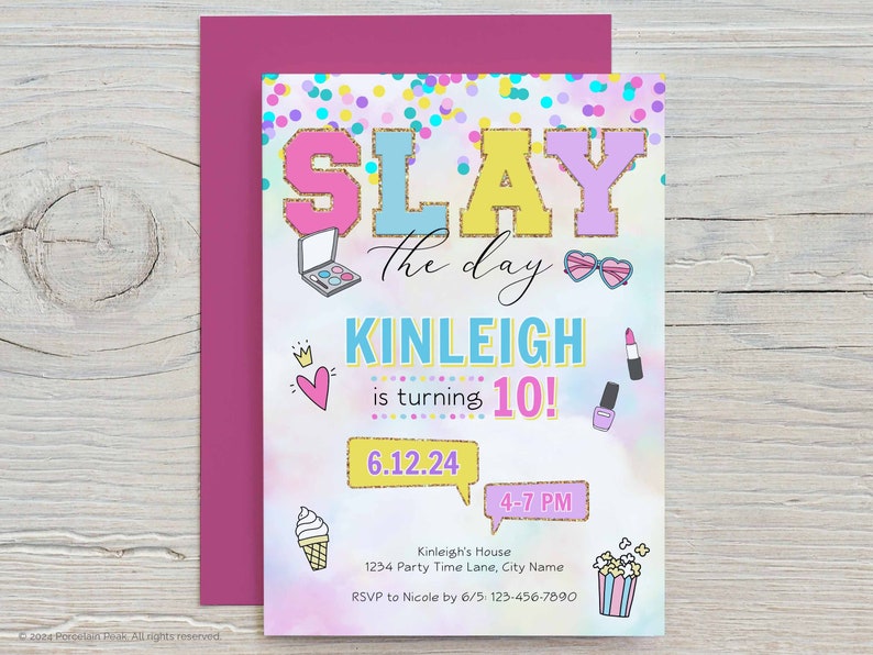 Tween Birthday Invitation, Slay the Day Invite, Varsity Patch Text ...