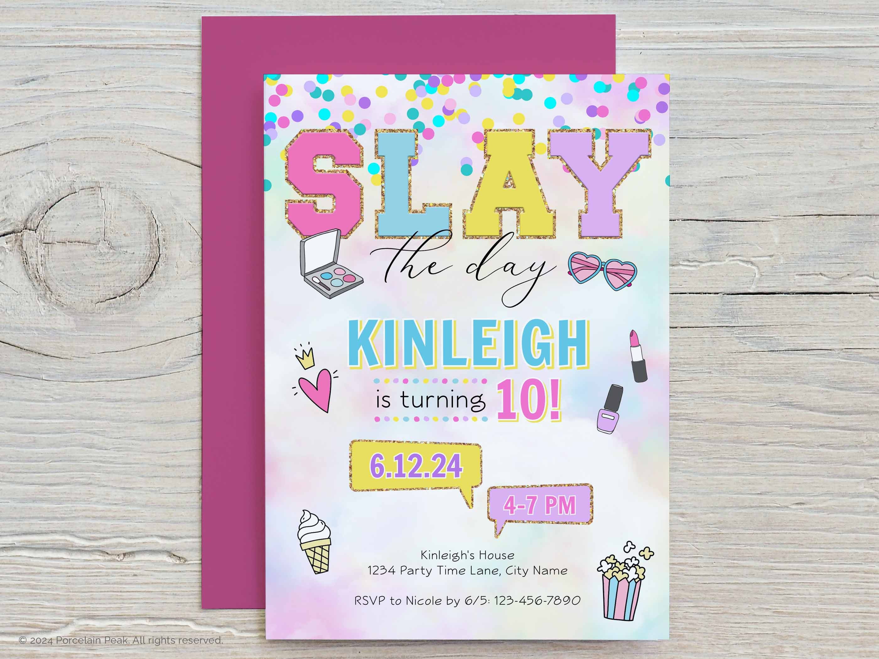Tween Birthday Invitation, Slay the Day Invite, Varsity Patch Text ...