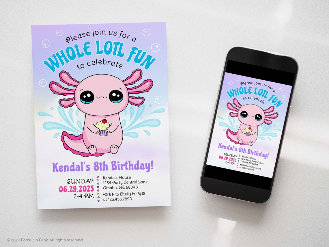 Editable Axolotl Girls Birthday Invitation, Cute Axolotl Party Invite ...