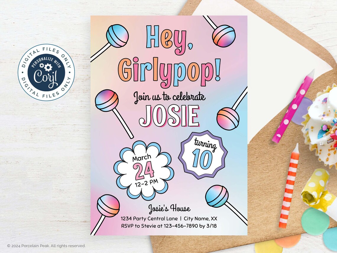 Tween Birthday Invitation, Tween Girl Party Invite, Lollipop, Girlypop ...